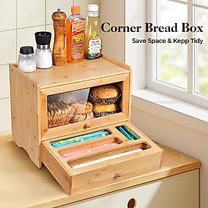 Bamboo Bread Box with Storage Bags Organizer, Corner Bread Box for Kitchen Countertop, Bread Box for Homemade Bread with Window, Bamboo Kitchen Zip Baggie Organizer for Drawer, Pantry Counter Corner