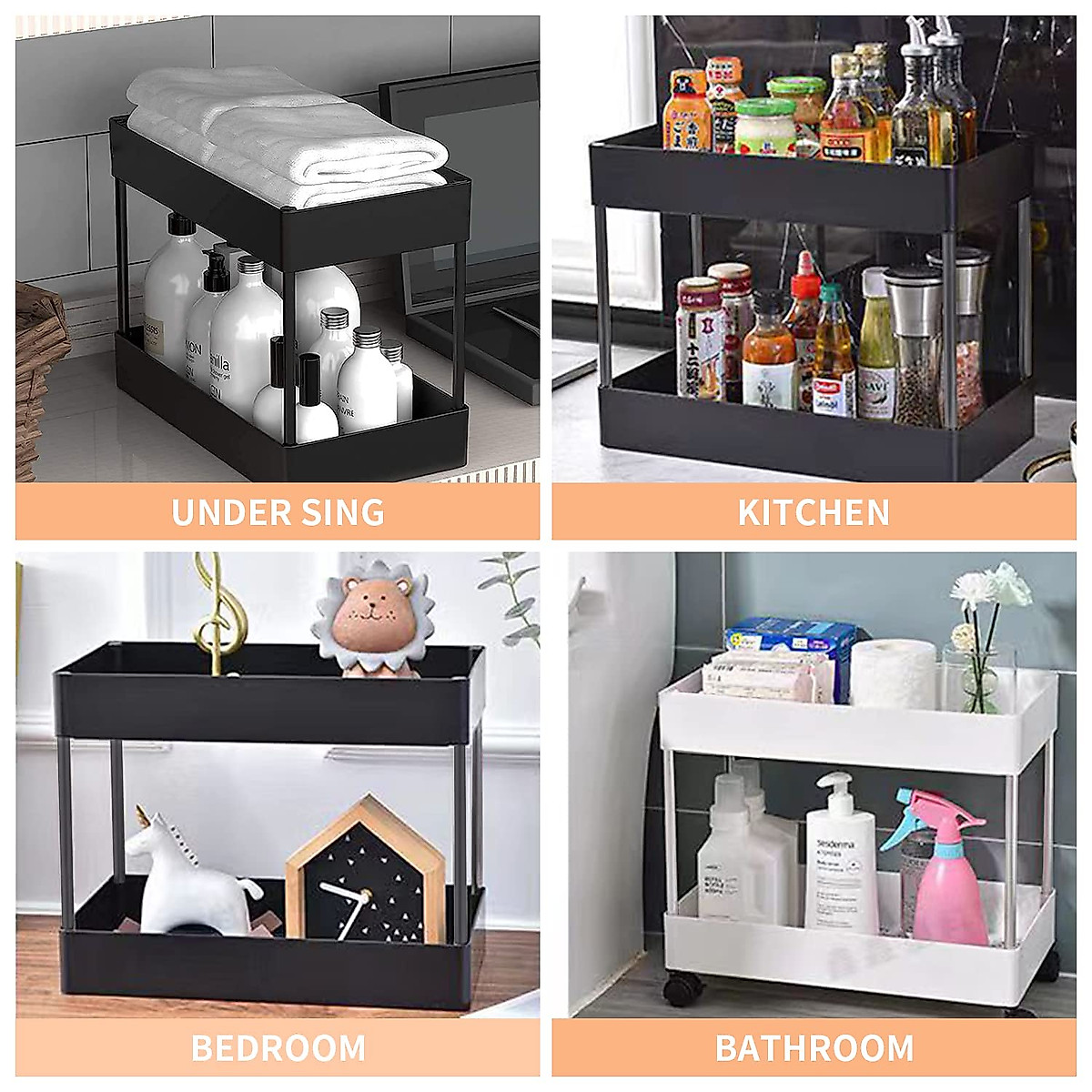 AntDesign Under Sink Organizer Kitchen Cabinet Storage, 2 Tiers Under Cabinet Bathroom Under Sink Shelf Basket Multi-purpose and Large Capacity with Hooks (White)