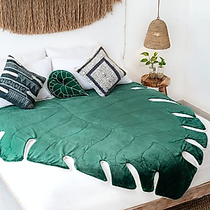 FrecklePot Giant Monstera Leaf Flannel Sherpa Fleece Throw Blanket Quilted Large Velvet Tropical Plant 2m x 2m