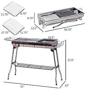 Outsunny Portable Folding Charcoal BBQ Grill Stainless Steel Camp Picnic Cooker with Grill Pan Storage Shelf Hooks