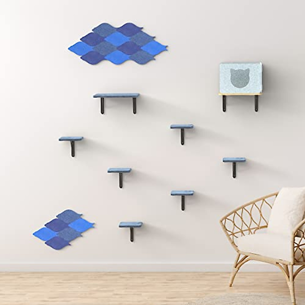 Bodato Cat Wall Shelves Set, Cat Wall Climbing Furniture - 7 Wooden Steps,1 Condo House and 2 Fish Shape Scratcher Included