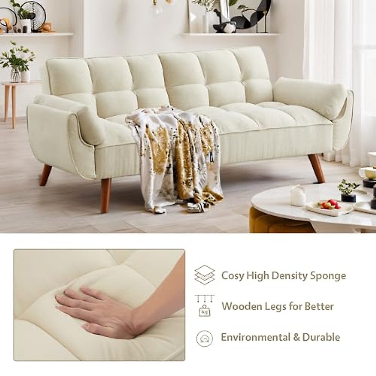 Fangflower Convertible Sofa Bed, Velvet Fabric Adjustable Backrest Sleeper Futon Loveseat with Tapered Wood Legs for Living Room, Bedroom, Apartment Lounge, Garage