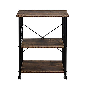 WEI WEI GLOBAL 3-Tier Kitchen Baker’s Rack, Microwave Stand Rolling Serving Cart, Industrial Storage Shelf Organizer w/ 10 Hooks & Wheels-Black Metal Frame, Rustic Brown