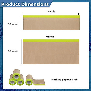 yeesport 4 Rolls Pre-Taped Masking Paper for Painting, 6 in x 50 Ft Tape and Drape Painters Paper, Paint Adhesive Protective Paper Roll for Covering Skirting, Door Frames, Cars