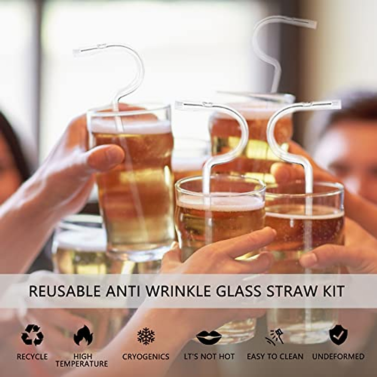 4 Pcs Anti Wrinkle Straw, Reusable Glass Drinking Flute Straw for Engaging Lips Horizontally to Prevent Lip Wrinkles & Vertical Lip Lines, High Borosilicate Cured Glass Straw for Beverages