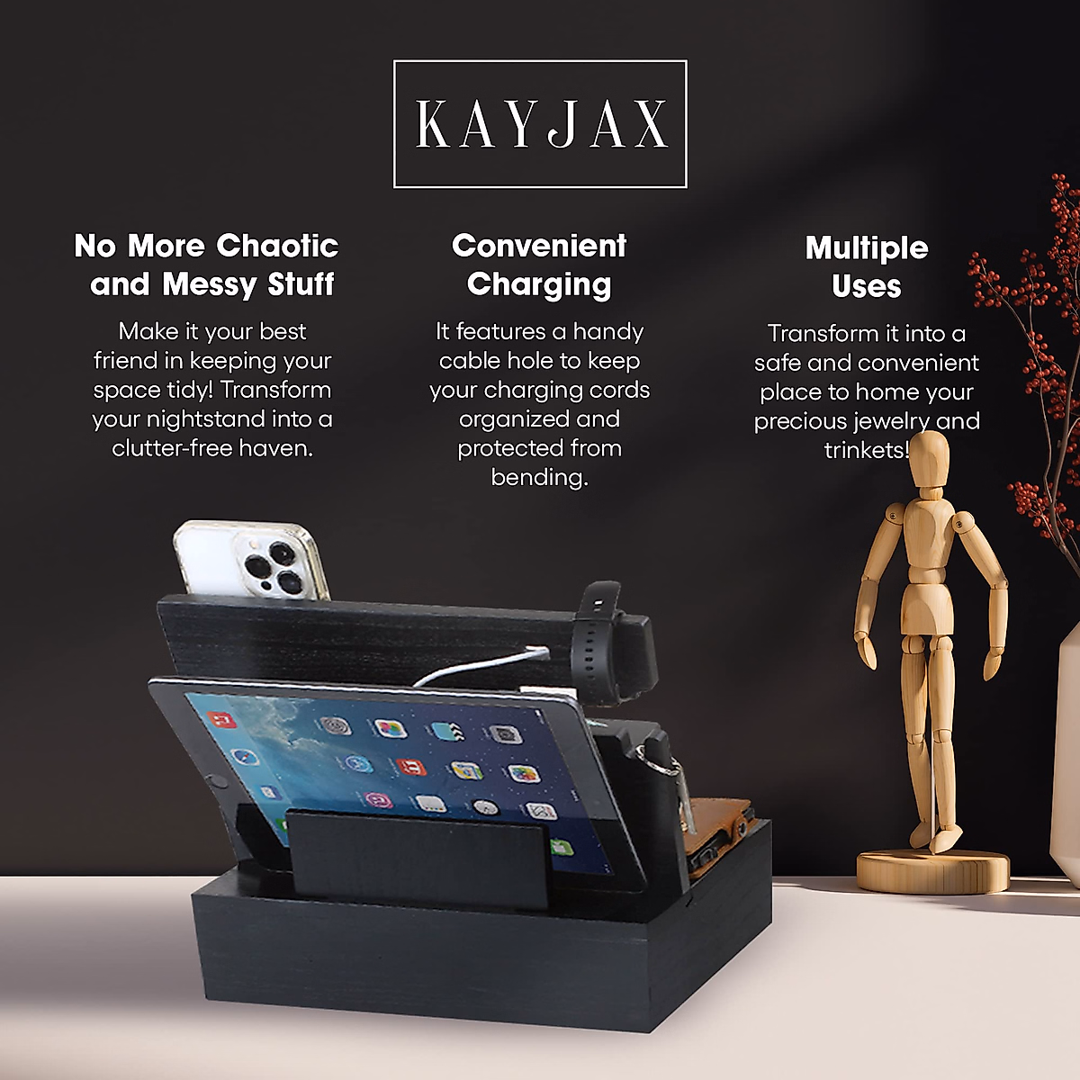 Kayjax Wood Phone Docking Station for Men & Women with Drawer - Mens Organizer Dad Husbands Anniversary Birthday Gifts Organizers Watch, Wallet, Keys, Cellphone
