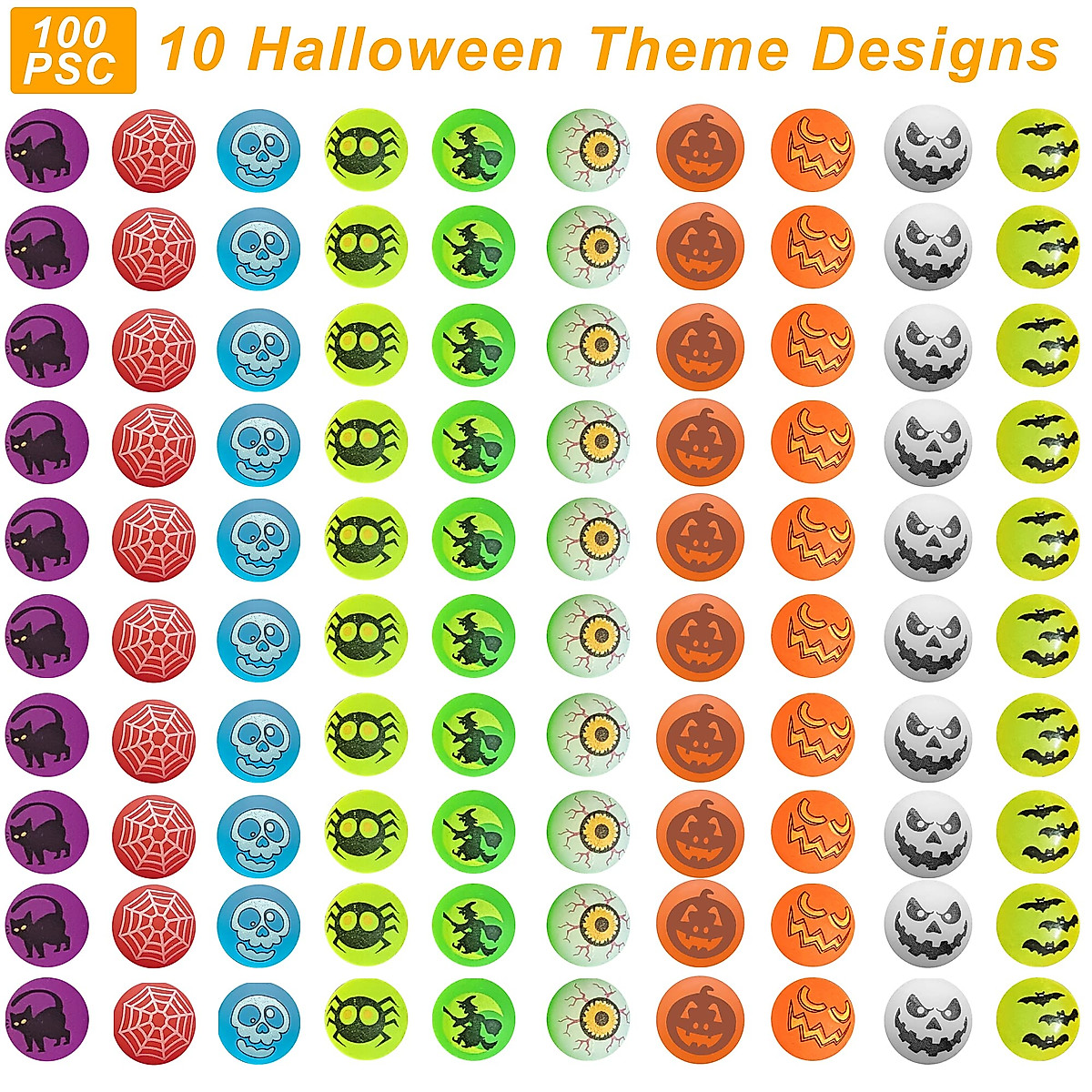 Taocco 100 Pieces Halloween Bouncing Balls,10 Halloween Theme Designs Glow in The Dark Bouncy Toys Balls,Halloween Party Favor Supplies,Classroom Game Rewards,Trick or Treat Party Bag Filler