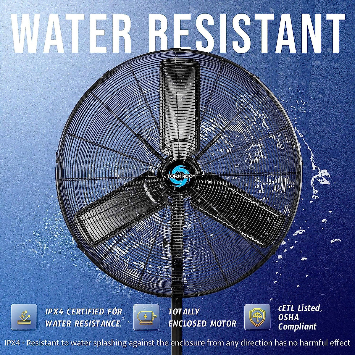 Tornado 24" Outdoor Rated IPX4 Water-Resistant Metal Oscillating Pedestal Fan - 7600 CFM - cETL