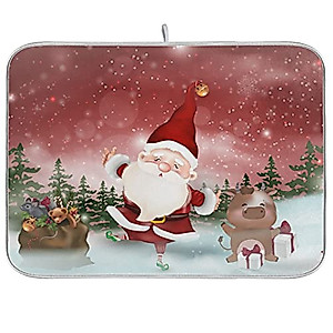 xigua Christmas Santa Claus Dish Drying Mat for Kitchen Counter,Texture Ultra Absorbent Reversible Microfiber Dishes Drying Rack Pad Heat-resistant Mats 16x18in