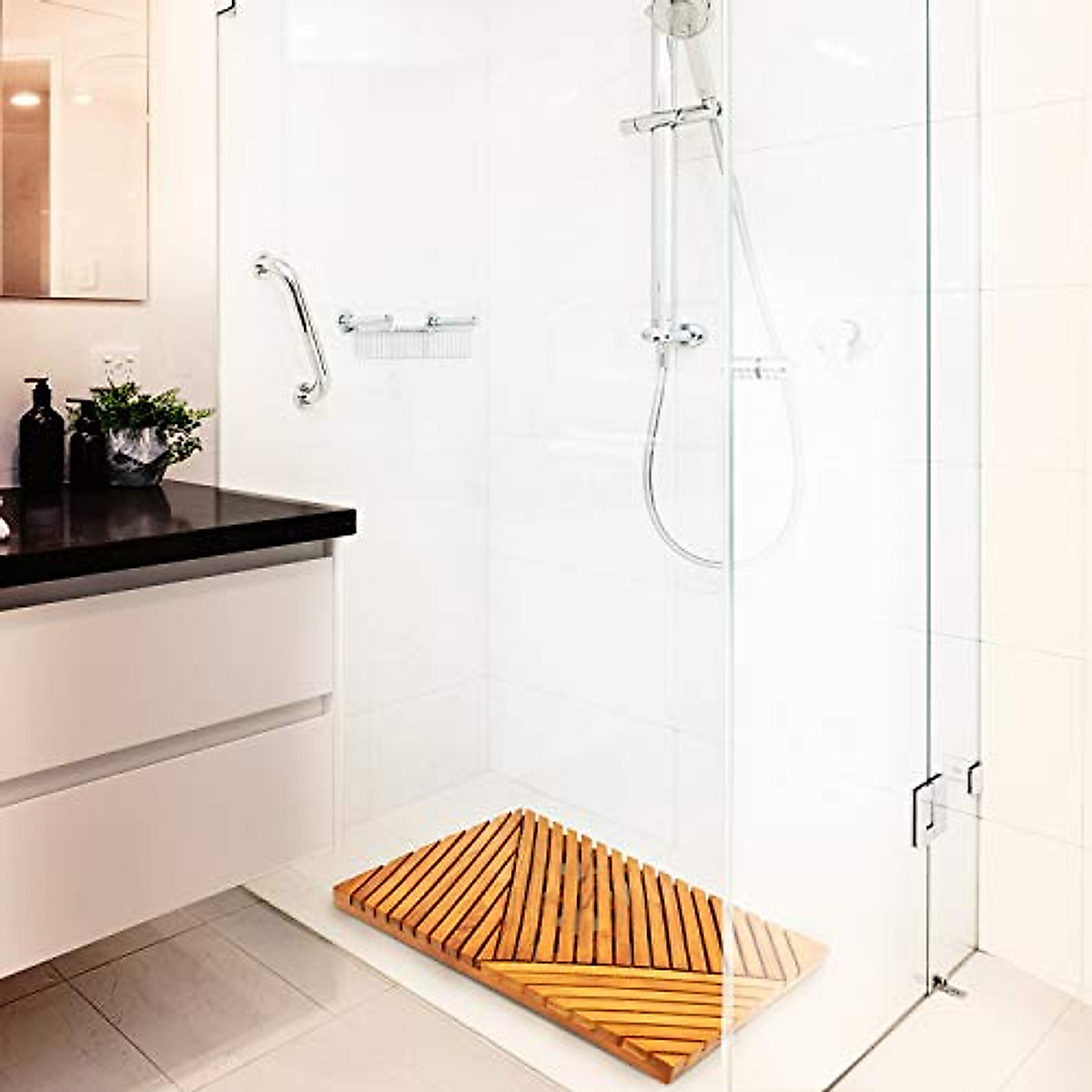 Teak Bath Mat - Natural Teak Shower Mat for Bathroom, Sauna, Pool, Hot Tub and RV Outdoor Shower Mat - 24in x 16in (Stripes)