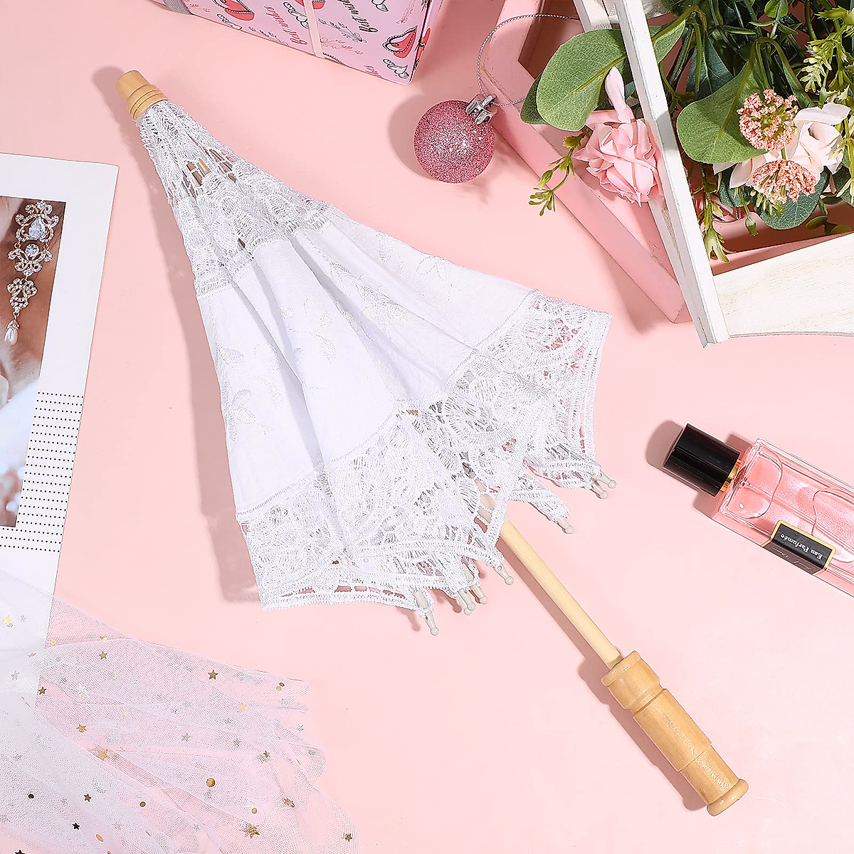 Toyvian 44cm Lace Umbrella Wedding Small Umbrella for Bride Wedding Gift Photo Props Kids Gift - White