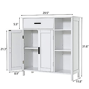 WEENFON Bathroom Floor Storage Cabinet, Kitchen Storage Cabinet with Doors and Shelves, Freestanding Storage Cabinet with Drawers, Floor Cabinet for Living Room, Bedroom, Bathroom, Kitchen, White