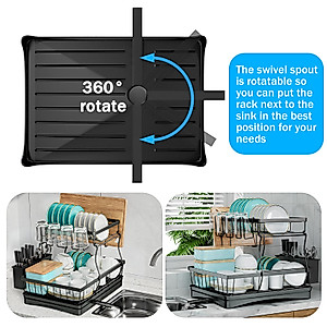 7 code Large Dish Drying Rack,2-Tier Dish Racks for Kitchen Counter,Detachable Large Capacity Dish Drainer Organizer with Utensil Holder, Dish Drying Rack with Drain Board ,Black
