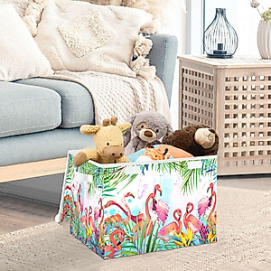 Wajiw Tropical Flamingo Storage Bins Foldable Large Cube Storage Box with Lids and Handles for Home Organizer Closet Office Decor 16.5x12.6x11.8 In