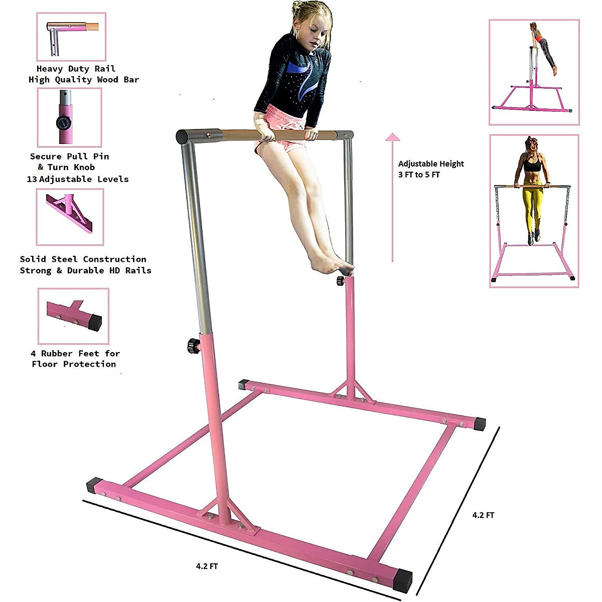 Athletic Bar Kids Gymnastics Junior Horizontal Kip Bar 3 to 5 FT Training Jungle Gym Expandable Adjustable Height 3 to 5 FT Tumble Weight Capacity 300 Pounds (Pink)