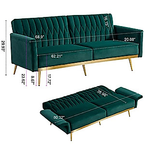 TTGIEET Velvet Convertible Futon Sofa Bed with Golden Metal Legs, 70" Tufted Loveseat Couch Sleeper Futon Sofa with Adjustable Armrests for Home Living Room Bedroom (Green)