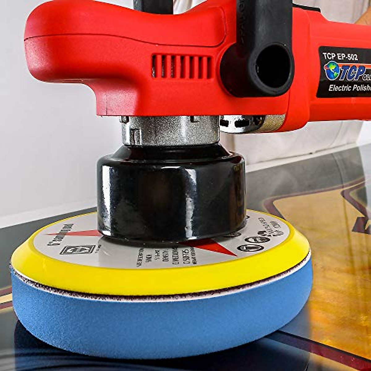 TCP Global 6.5" Blue Flat Light Cut Grip Foam Polish Buff Pad - DA Hook & Loop