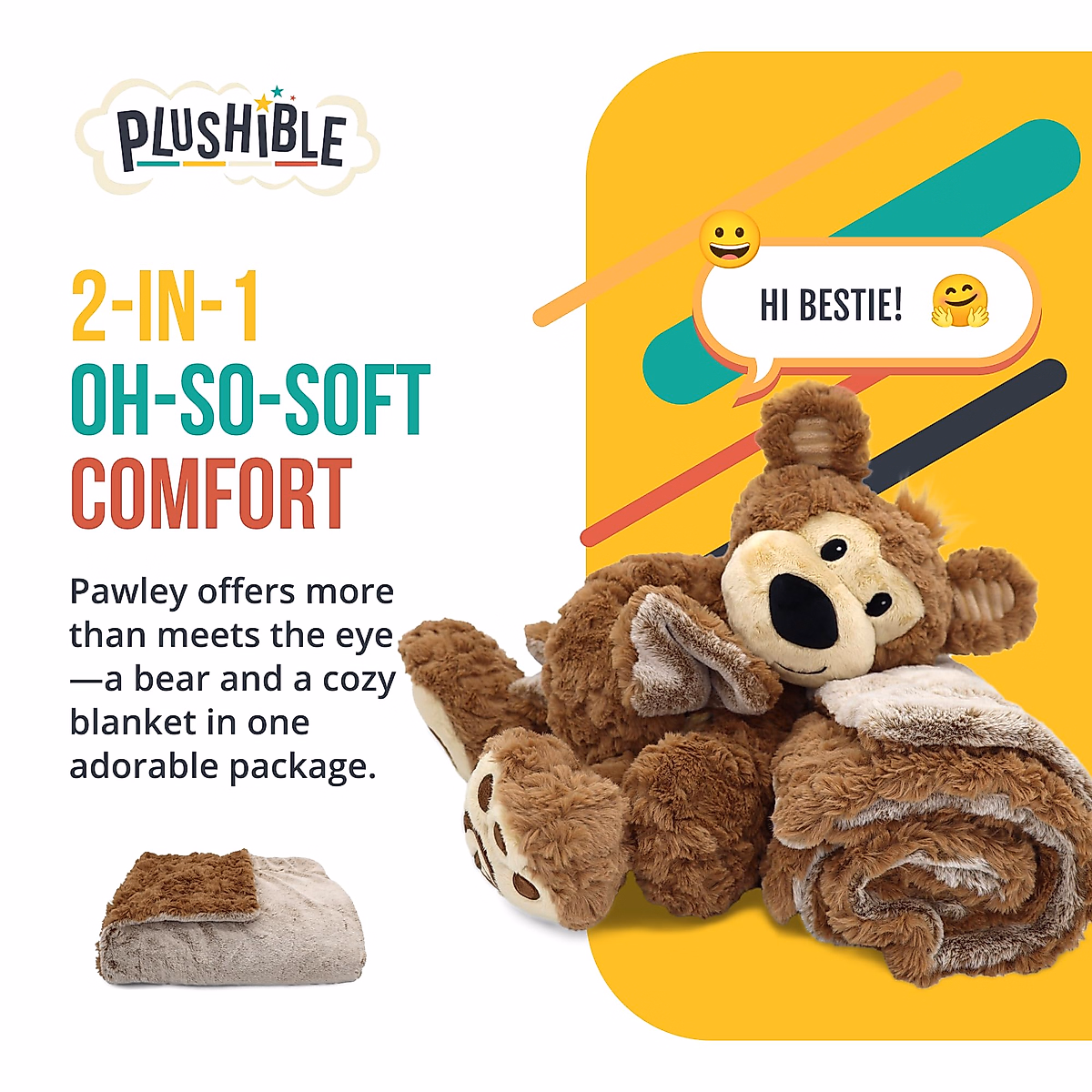 PLUSHIBLE Pawley Blankie Bestie, 2-in-1 Stuffed Animal Bear & Blanket, Soft Sensory Plush Toy Gift for Girls, Boys, Babies, Toddlers & Kids - Toddler Stuffed Animal with Blanket - Boys & Girls Toys