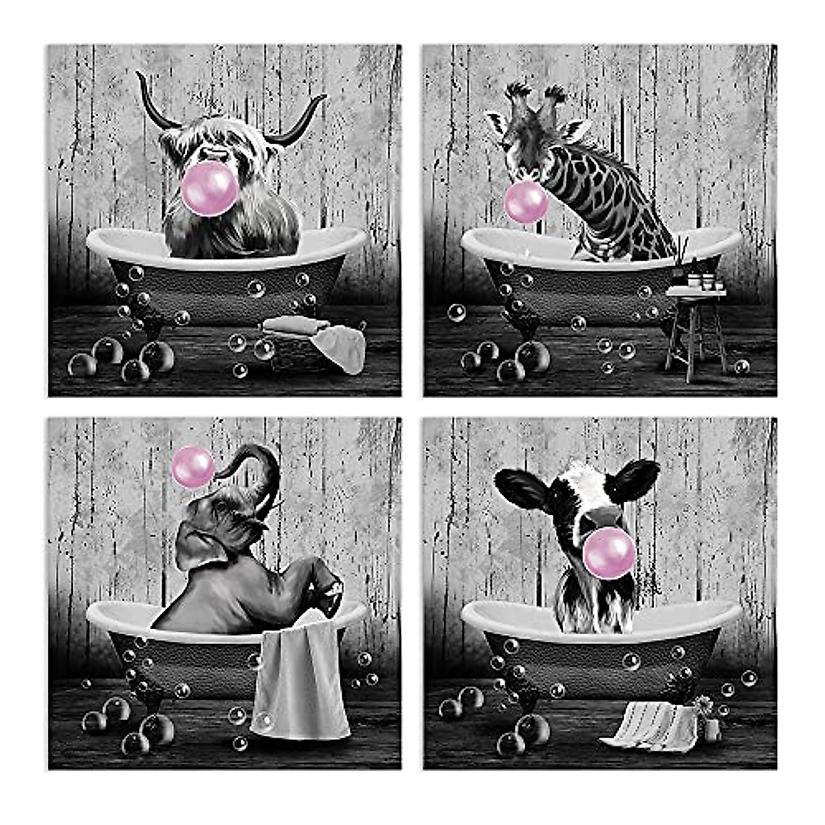 KALAWA Bathroom Pictures Wall Decor Set of 4 Funny Animal Black and White Bathroom Decor Wall Art Pink Bubble Canvas Wall Art Highland Cow Giraffe Elephant Cows Home Decor Framed Ready to Hang 12x12