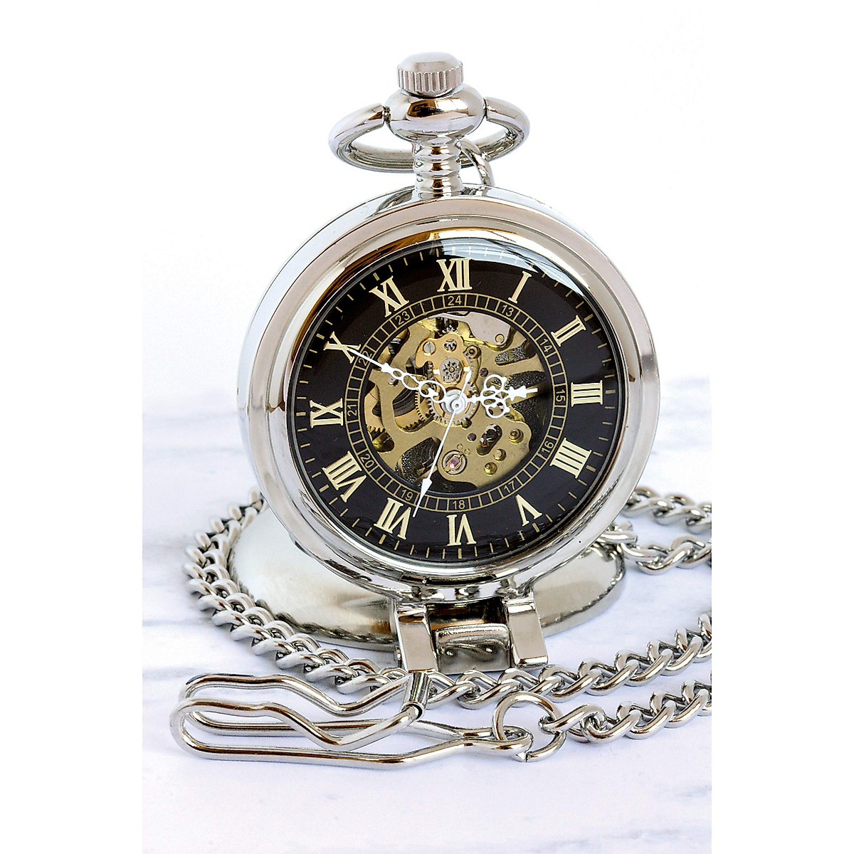Coin Pocket Watch with Skeleton Quartz Movement | Gold Layered JFK Half Dollar | Genuine U.S. Coin | Sweeping Second Hand, Roman Numerals | Silvertone Case | Certificate of Authenticity