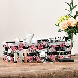 Oyihfvs Floral Peony and Roses Flowers On Black White Stripes 2 PCs Collapsible Storage Bins Baskets, Foldable Felt Fabric Organizer Cube Boxes Storage Bags for Shelves Closet Home Decor