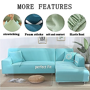 JunJiale Sectional Couch Covers 2-Piece Softness Sofa Cover Super Stretch L-Type Couch Slipcover 4 Seater + 4 Seater Furniture Protector (Blue
