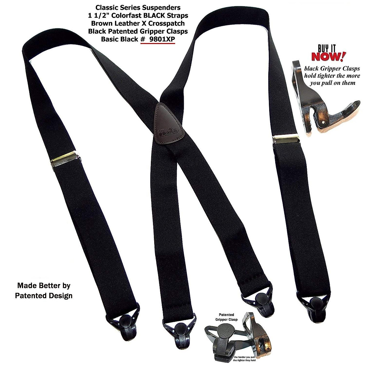 HoldUp Brand Classic Series Black 1 1/2" Suspenders for Men with USA Patented Black Gripper Clasp