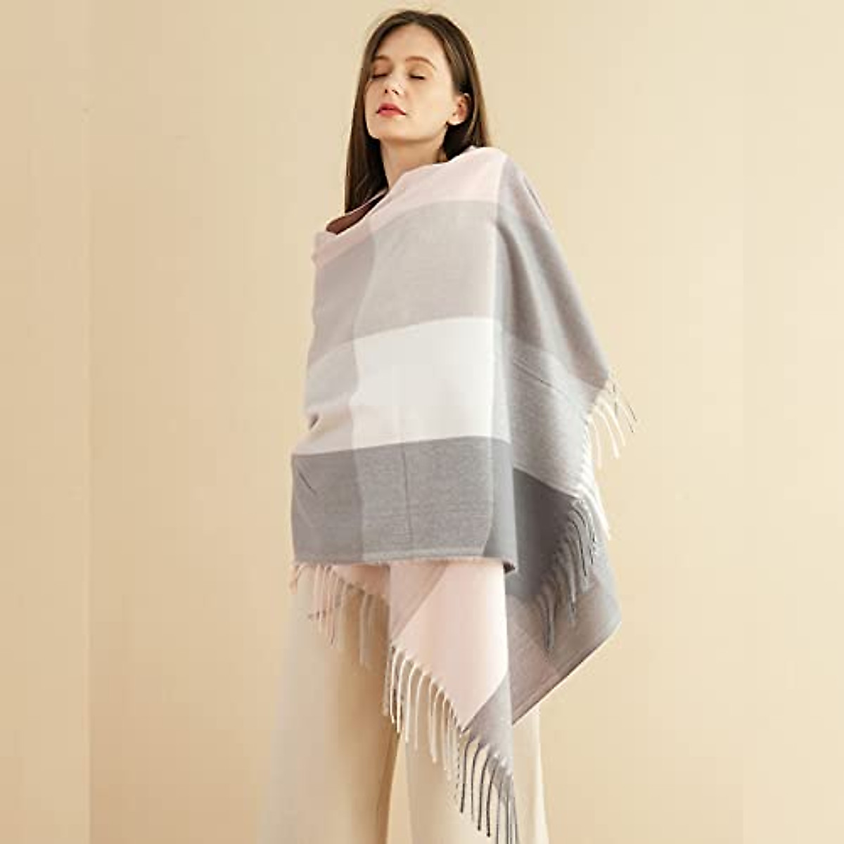 Sumato Scarf for Women Fall Winter Lightweight Shawl Wraps Long Blanket Women Scarves Warm Soft Cashmere Feel Plaid Pattern Tassel Grey