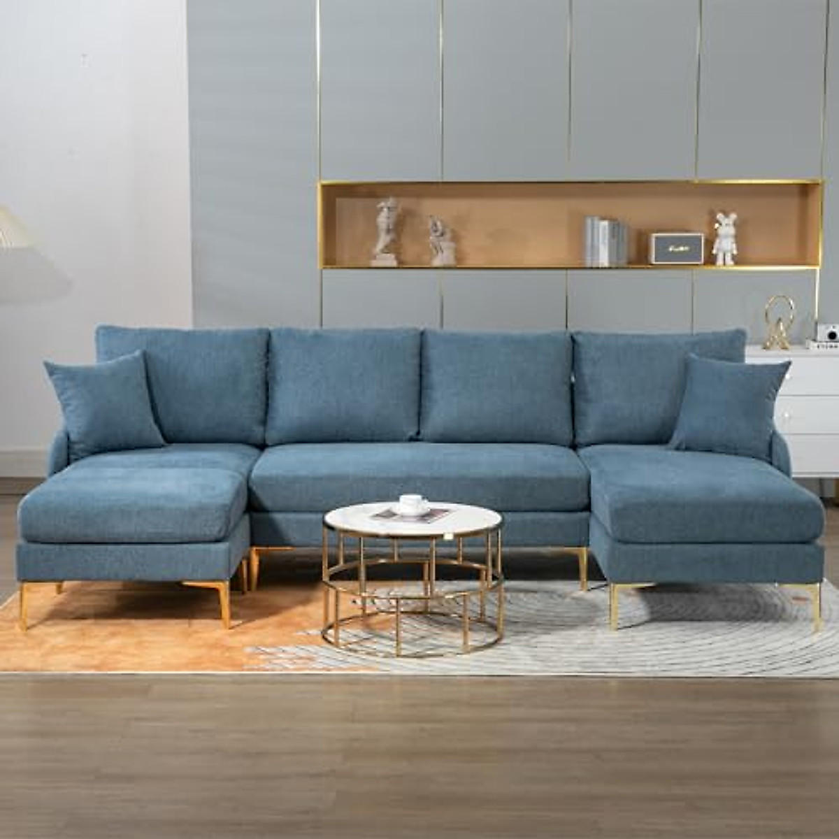 Modern 110'' W U-Shape Sectional Sofa, 4-Seat Sofa Couch with Chaise Lounge and Ottoman, Reversible Left or Right Chaise, Modular Sofa with Golden Metal Legs for Living Room Apartment Office,Blue