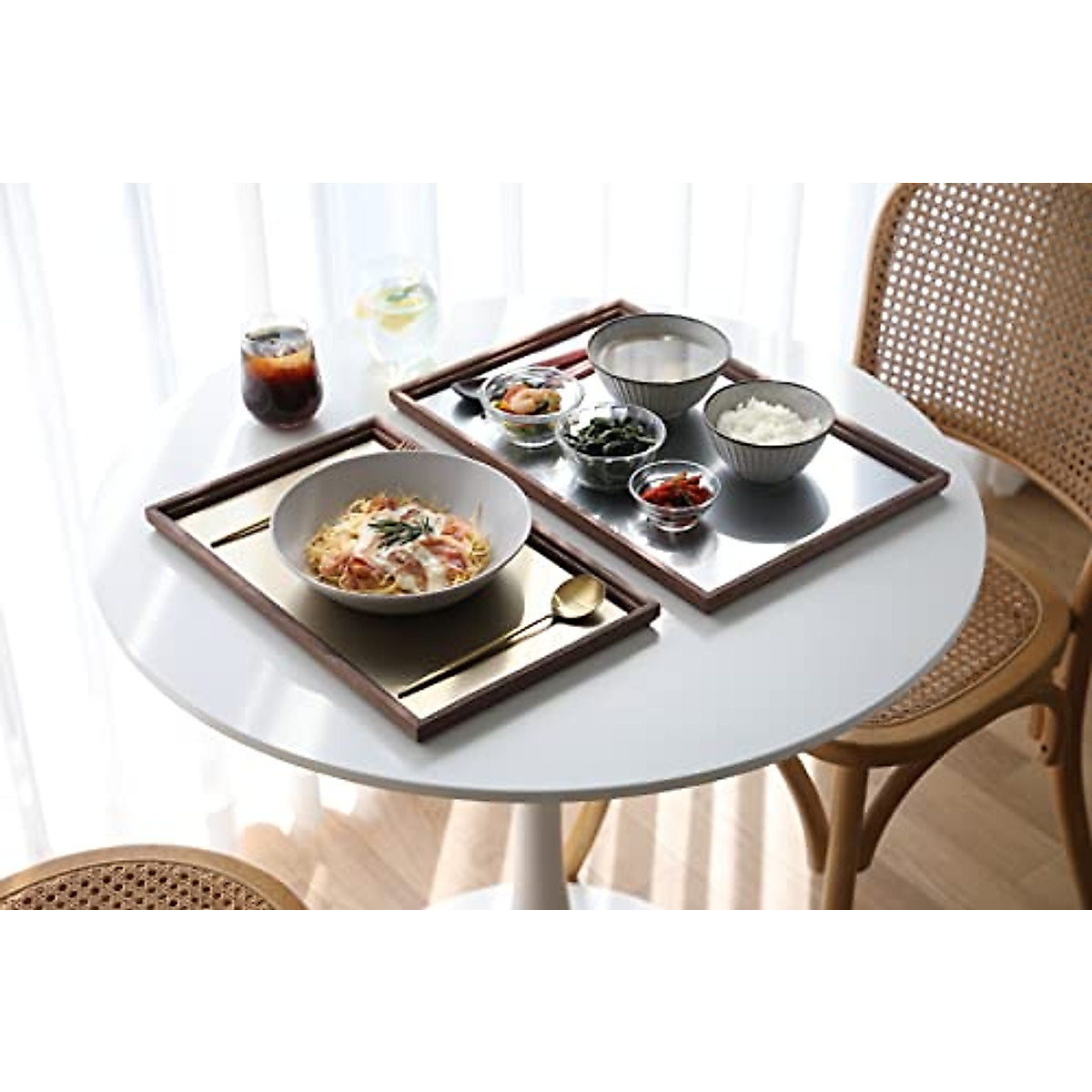 Vernox Large Serving Tray with Stainless Steel for Food, Rectangular Tray Platter with Walnut Wood Frame for Coffee Table, Kitchen, Party - Silver Color (Large)