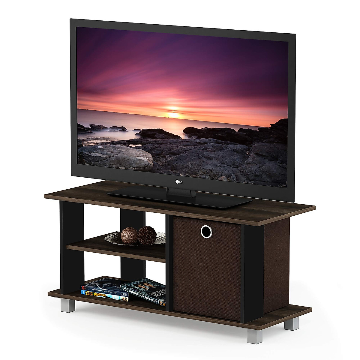 FURINNO Simplistic Entertainment TV Stand with Storage Bin, Columbia Walnut/Dark Brown