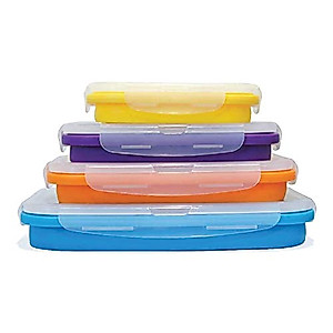 Flat Stacks Collapsible Storage Containers | Set of 4 Rectangle Silicone Food Storage Containers | BPA Free | BPS Free | Dishwasher, Freezer, and Microwave Safe | Save Space in your Container Drawer!