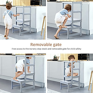 Toddler Tower, Kids Step Stool, Kitchen Helper Step Stool for Kids and Toddlers, 2 Steps Stool with Safety Rail, Wooden/ 40x48.5x90cm/ Grey