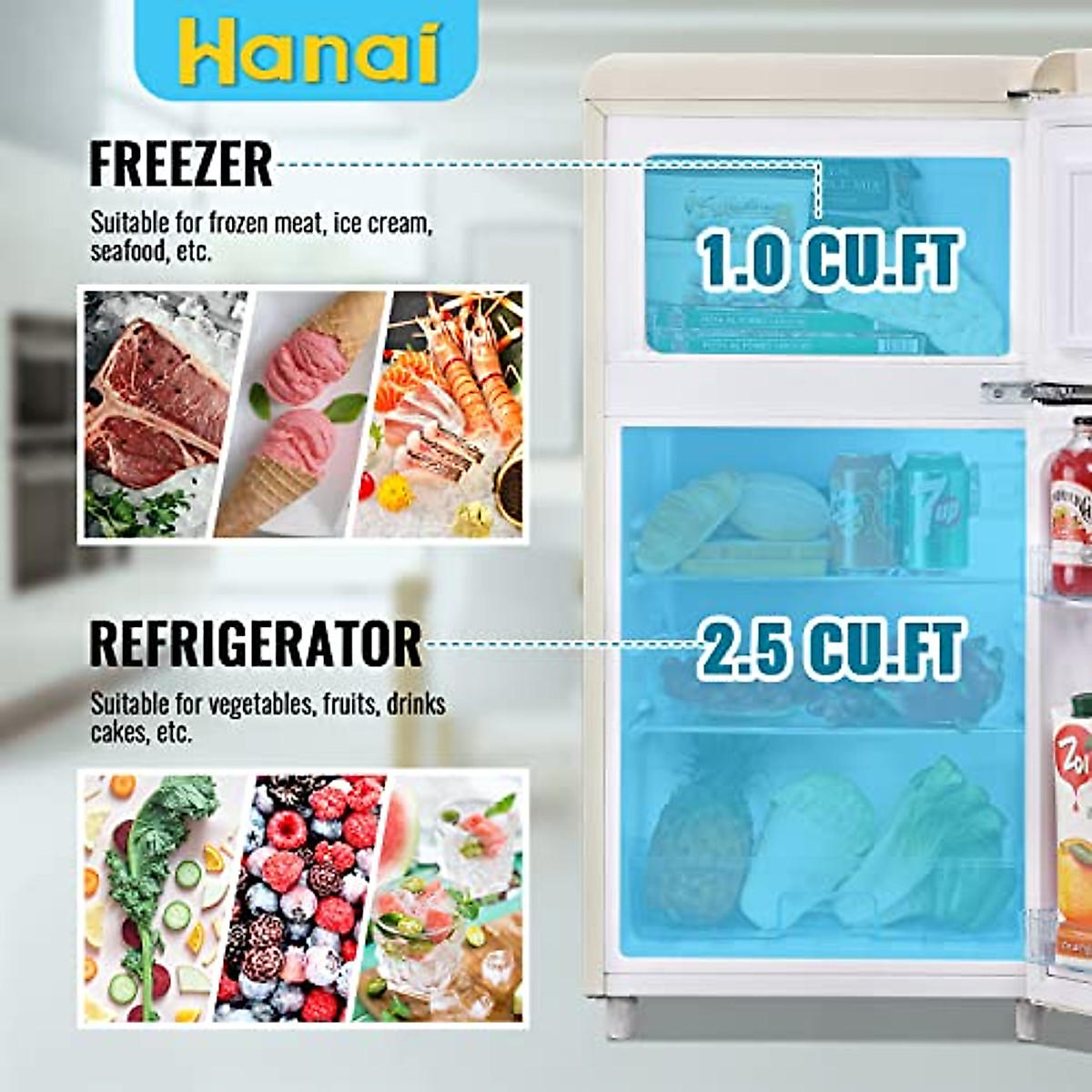 WANAI 3.5 Cu.ft Retro Mini Fridge with Freezer Small Refrigerators Dual Doors & Handles Cream Freestanding Classic Refrigerator Removable Glass Shelves Adjustable Thermostat for Home Office Dorm RV
