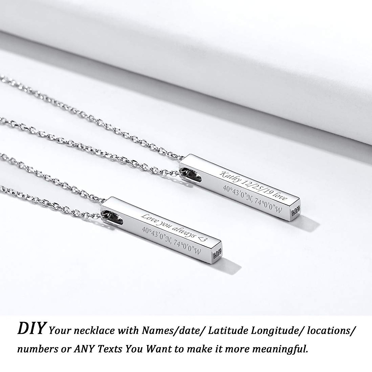 ChicSilver Personalized Bar Necklace, 925 Sterling Silver Simple Vertical Bar Pendant Necklace Custom Names Necklace Message Engraved Dainty Jewelry for Men Women