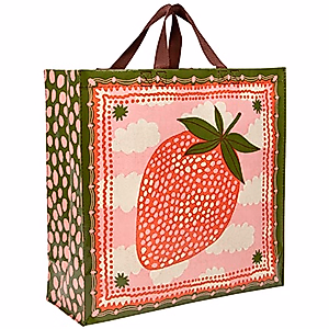 Blue Q Shopper - Strawberry Clouds. Reusable grocery bag, sturdy, easy-to-clean, 15" h x 16" w x 6" d. Made from 95% recycled material.