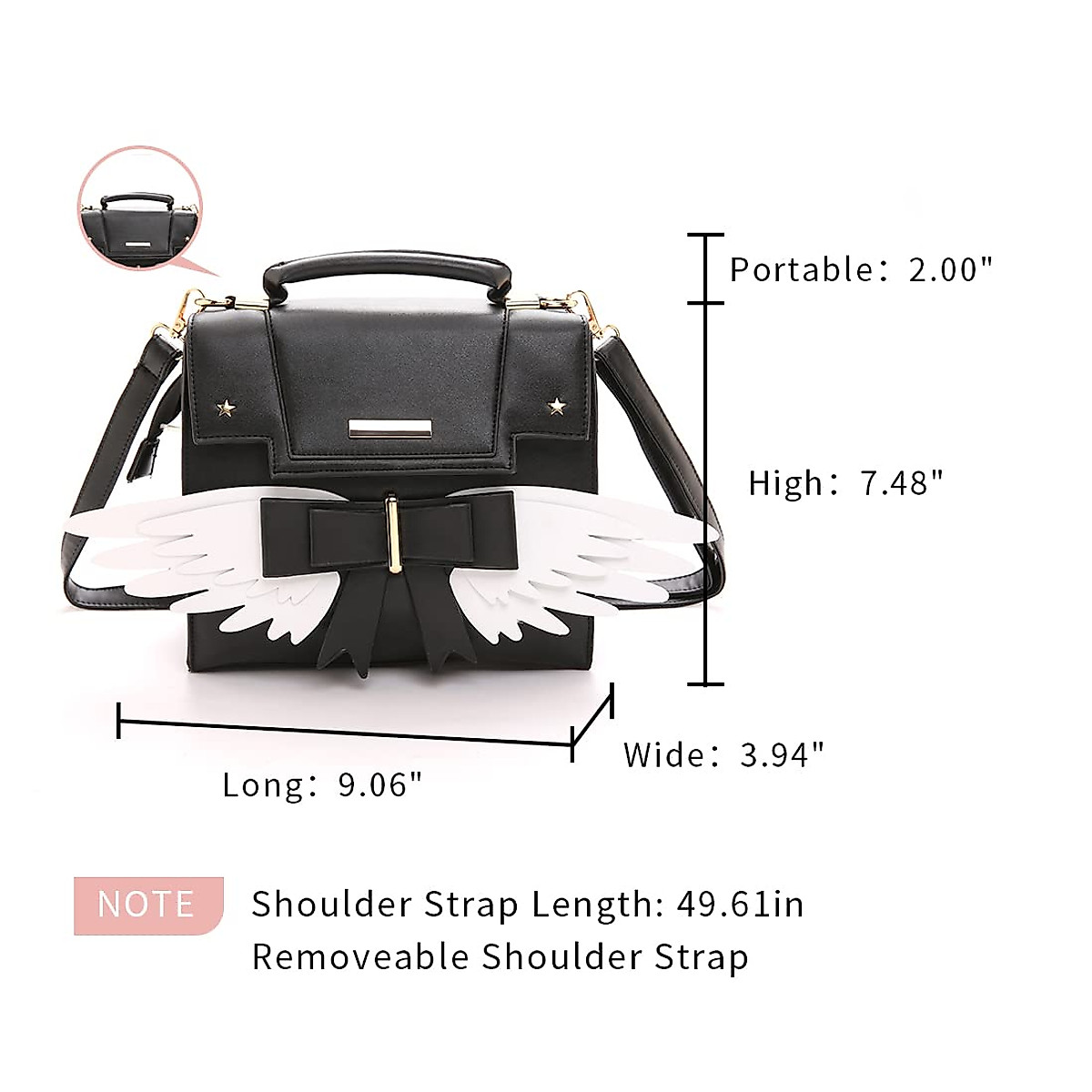 JHVYF Women's Cute Wings Bow Top Handle Cross Body Shoulder Bags Girls Handbag Black 354343