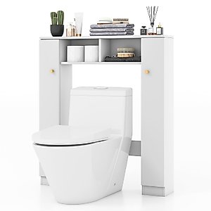 Tangkula Over The Toilet Storage Cabinet, Freestanding Above Toilet Organizer w/ 10-Level Adjustable Shelves & Crossbar, Anti-Tipping Device Included, Bathroom Space Saver (Modern, White)