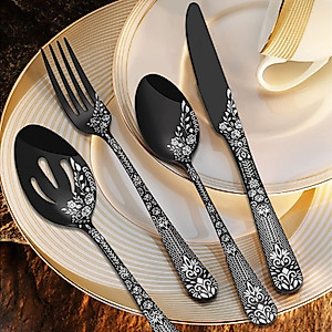 EUIRIO 89-Piece Black Silverware Set with Serving Utensils, Black Flatware Set for 14, Stainless Steel Mirror Cutlery Set, Spoons Forks Knives with Unique Floral Laser, Tableware Set, Dishwasher Safe