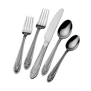Pfaltzgraff Mirage Frost 45-Piece Stainless Steel Flatware Set with Serving Utensil Set and Metal Storage Caddy, Service for 8