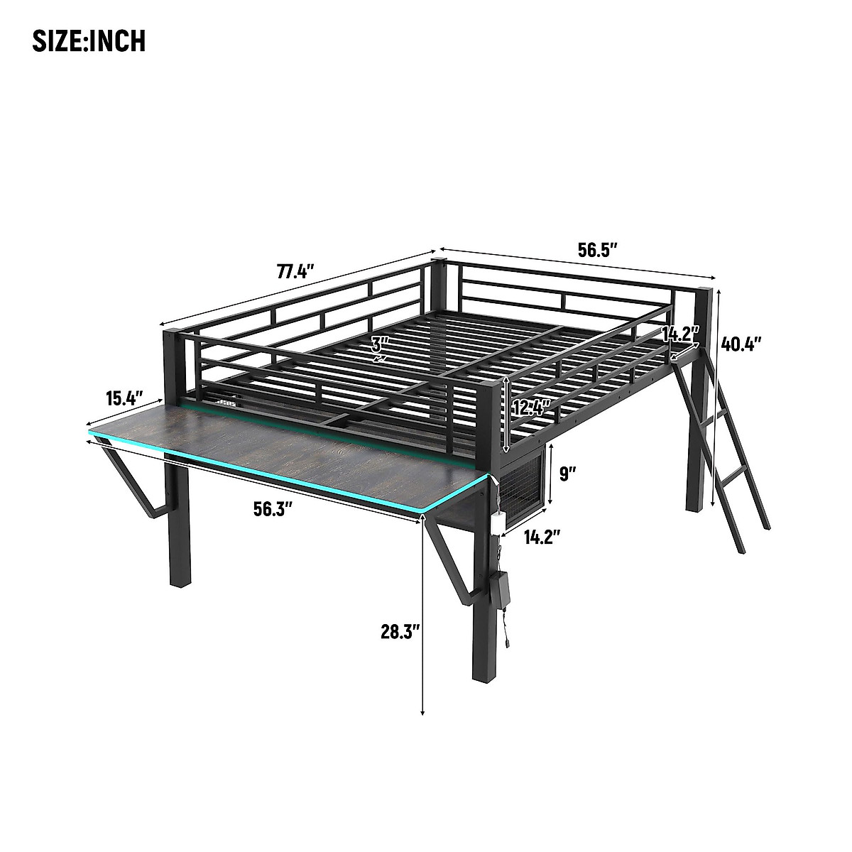 SOFTSEA Metal Low Loft Bed with Desk Full Loft Bed Frame Gaming Bed with LED and Storage Space for Kids