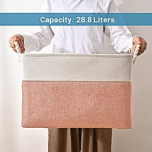 HOdo Home Fabric Storage Bin with Drawstring Closure and 2 Bold Handles, Collapsible Large Canvas Storage Baskets for Organizing Shelf Nursery Home Closet (White&Pink, 15.8L×11.8W×9.5H - 3Pack)