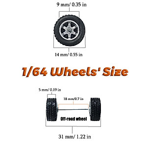 1/64 wheels and Tires Kit to Upgrade Mainline Diecast Model Cars, Premium Car Culture Real Riders Series, ABS and Rubber Material Detail-up Accessories 4 Standard 0.43In and 1 Off-Road 0.55In in A Box