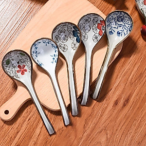 Japanese and Korean Ceramic Soup Spoons set of 5, Hand-Painted, Curved Spoons, Long Handle Rice Spoons
