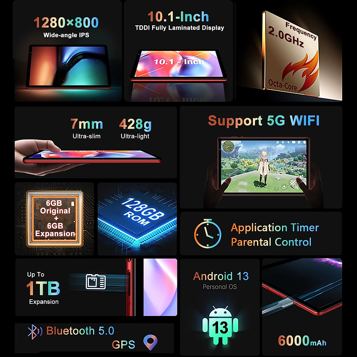 YESTEL 2023 Newest Android 13 Tablet 10 inch Tablet with 12GB RAM + 128GB ROM,1TB Expand,2.0GHz Octa-Core Processor,IPS HD Display,Support 5G WiFi,GPS,Bluetooth 5.0 with Keyboard,Mouse - Red