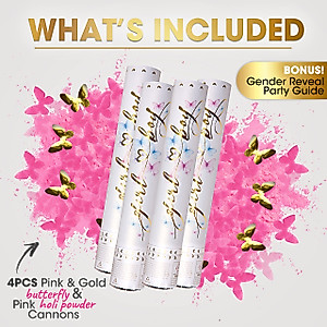 Gender Reveal Confetti Cannon 4 Pack (4 Pink) | Butterfly Confetti Popper and Powder Gender Reveal Smoke Bombs | Baby Gender Reveal Ideas, Party Celebration Firework Boy and Girl Color Sparkler Stick