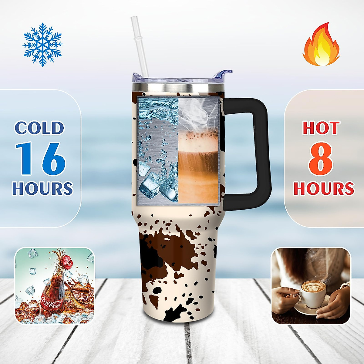 thmasamwr Cow Print Tumbler with Lid and Straw, Stainless Steel 40oz Tumbler with Handle, Cow Print Travel Coffee Mug Water Bottle, Highland Cow Gifts Cups for Women and Girls