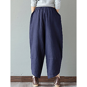 Minibee Women's Baggy Linen Wide Leg Trousers Casual Patchwork Elastic Waist Harem Pants Navy Blue 2XL