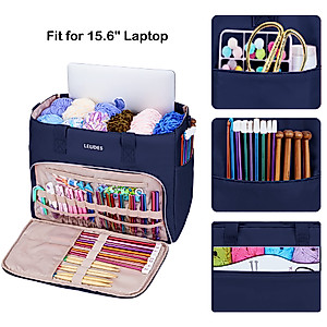 Crochet Tote Bag,Leudes Knitting Bag Fits 15.6 Inch Laptop Yarn Storage Organizer Large Yarn Holder Hook Case for Knitting & Crochet Supplies (Navy Blue)