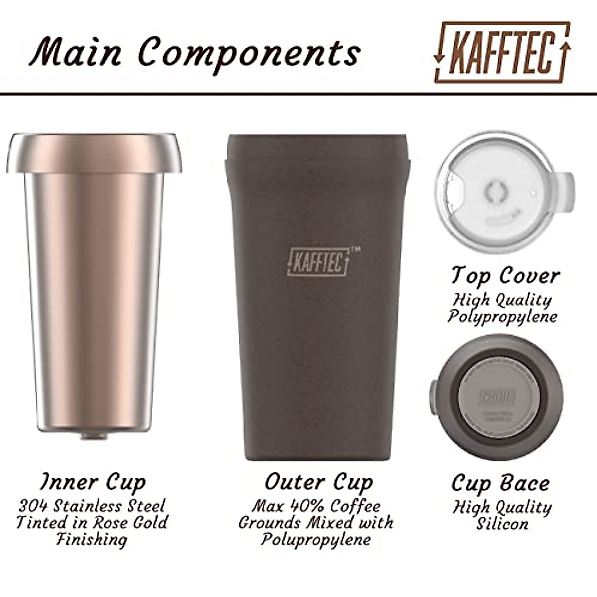 Coffee Tumbler Travel Coffee Mug 16oz, KAFFTEC Stainless Steel Inner Coffee Grounds Material Outer, Coffee Mug Suitable for Hot/Ice Coffee, Beer and Tea (1 Pack)